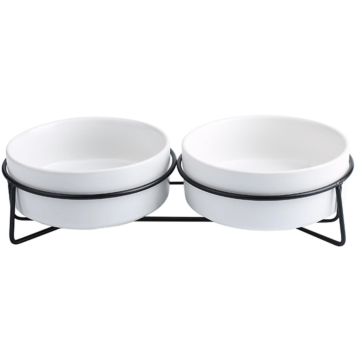 CuteNest Elevated Dog Bowl Iron Frame 6-inch Ceramic Dog or Cat Food and Water Bowls Dual Feeder for Adult Cat or Medium Dog, Non-Slip Base (Double Bowl with Stand - White, 6“)