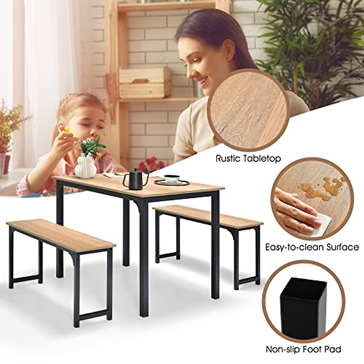 Giantex Dining Table with Bench, Modern Studio Collection Table with 2 Benches, Kitchen 3Pcs Bench Dining Table Set with Metal Frame for Living Room, Kitchen, Small Space