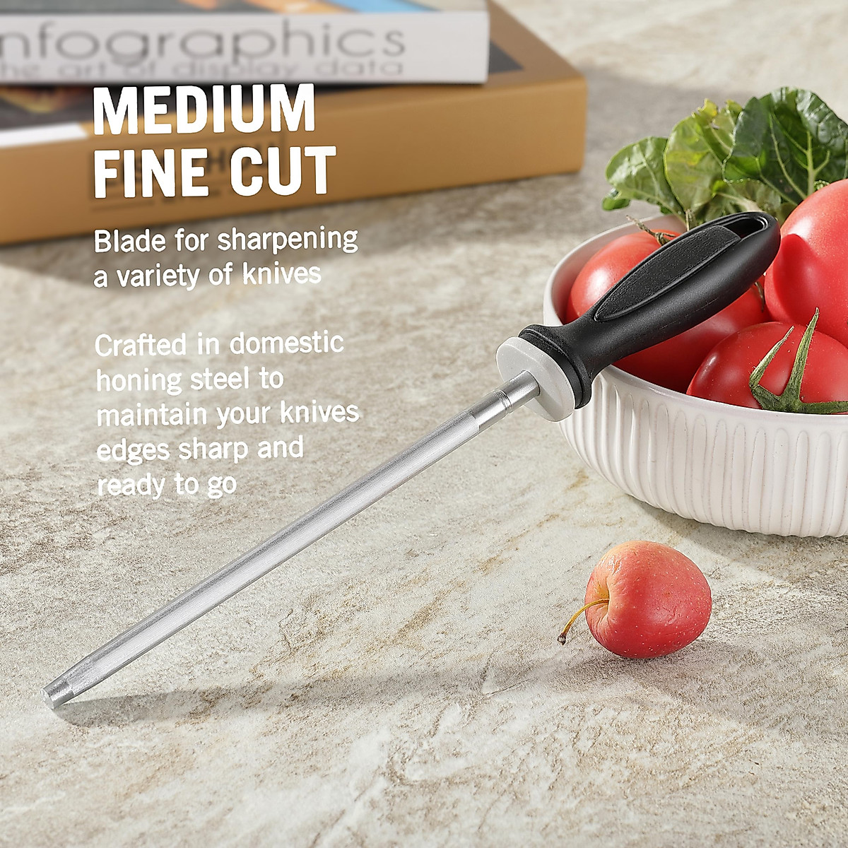 Knife Sharpener Rod, Little Cook 12 inch Knife Sharpening Steel, Knife Sharpening Rod with Ergonomic PP Handle (black)