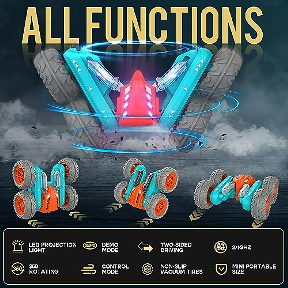 Abifny Remote Control Car -RC Stunt Car,Stunt Truck 2.4Ghz Race Toy Double Sided Rotating 360° Flips, with LED Indoor Outdoor All Terrain Rechargeable Electric Toy Cars Gifts for Boys Kids