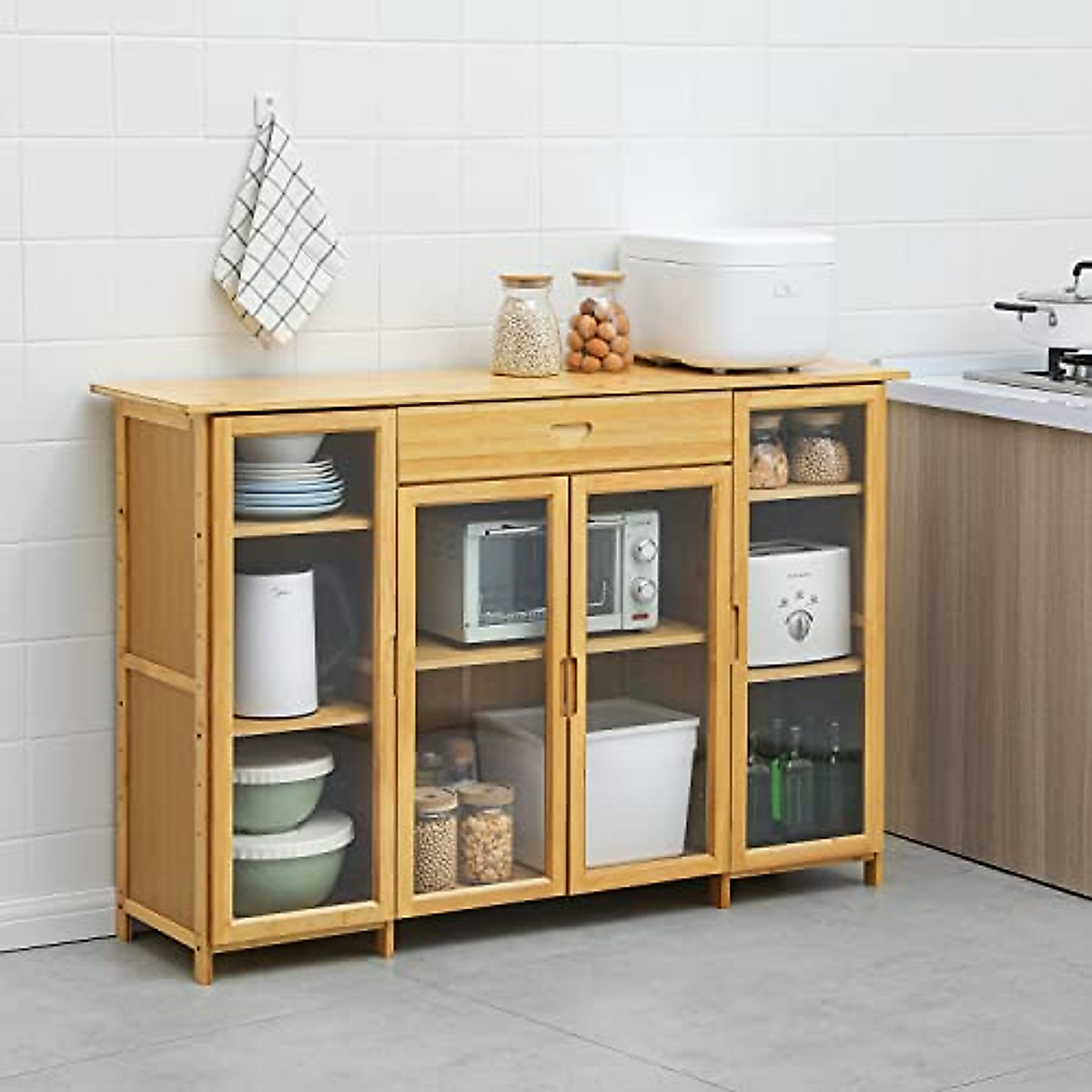 MoNiBloom 4 Tier Bamboo Sideboard Kitchen Cupboard Buffet Server Console Table Storage Cabinet with Acrylic Doors a Drawer for Dining Room Hallway, Natural