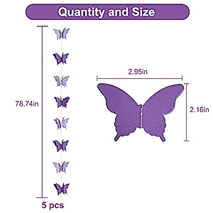 BEISHIDA 5Pcs Purple Lavender Butterfly Paper Garland Hanging Decorative Banner for Halloween Home Ceiling Decor Birthday Party Baby Shower Wedding Showcase Decoration Supplies Total 393 Inch Length