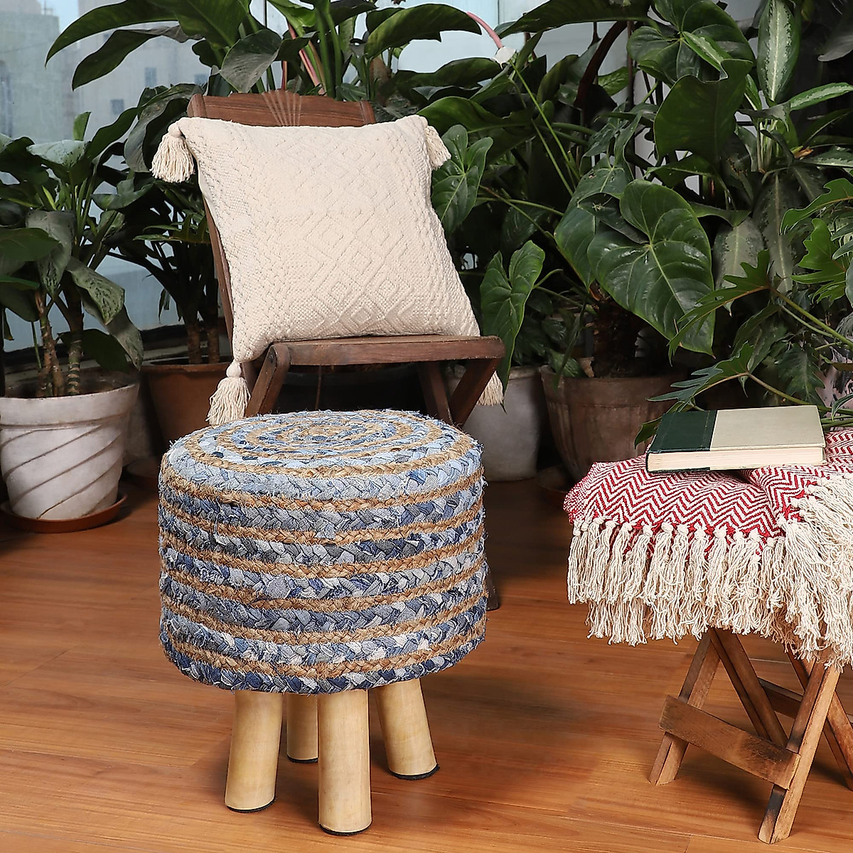 REDEARTH · Foot Stool -Handmade Wooden 4 Legs Jute and Denim Seat Footrest for Living Room, Bedroom, Nursery, kidsroom, Patio, Gym; 50% Cotton 50% Jute (16"x14"x14"; Levi Charm Denim Blue)