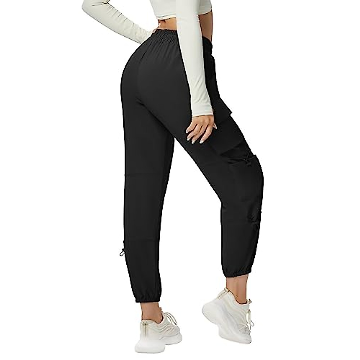 DLOODA Quick Dry Cargo Pants Lightweight Tactical Hiking Pants with 6 Pockets for Women, Elastic Waist and Water-Resistant Black