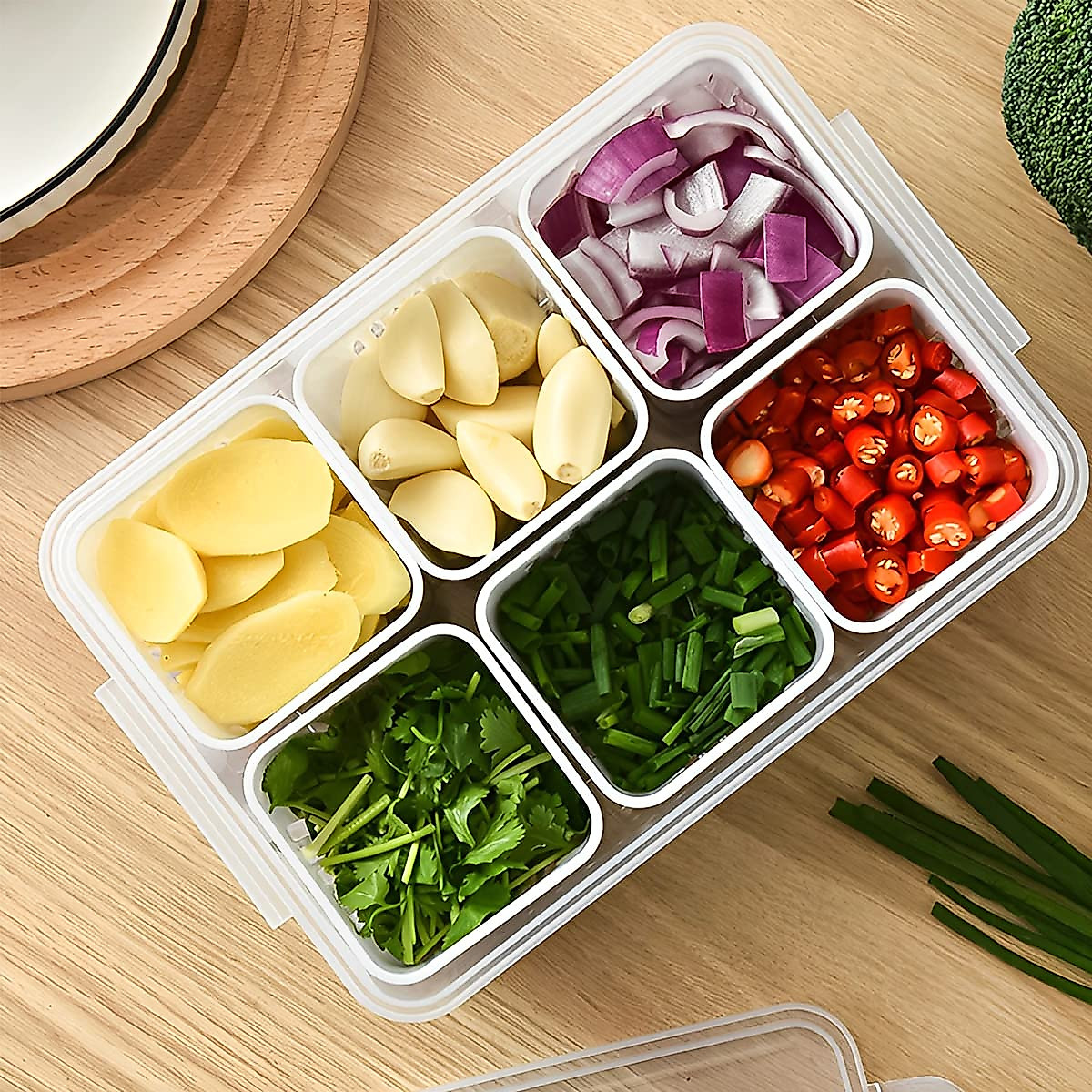 Food Storage Containers with Lids Airtight, Scallion Preservation Box Fridge Fresh-Keeping Container, 6 Grids Draining Crisper Portable Divided Fruit Storage Container Ginger Storage Basket for