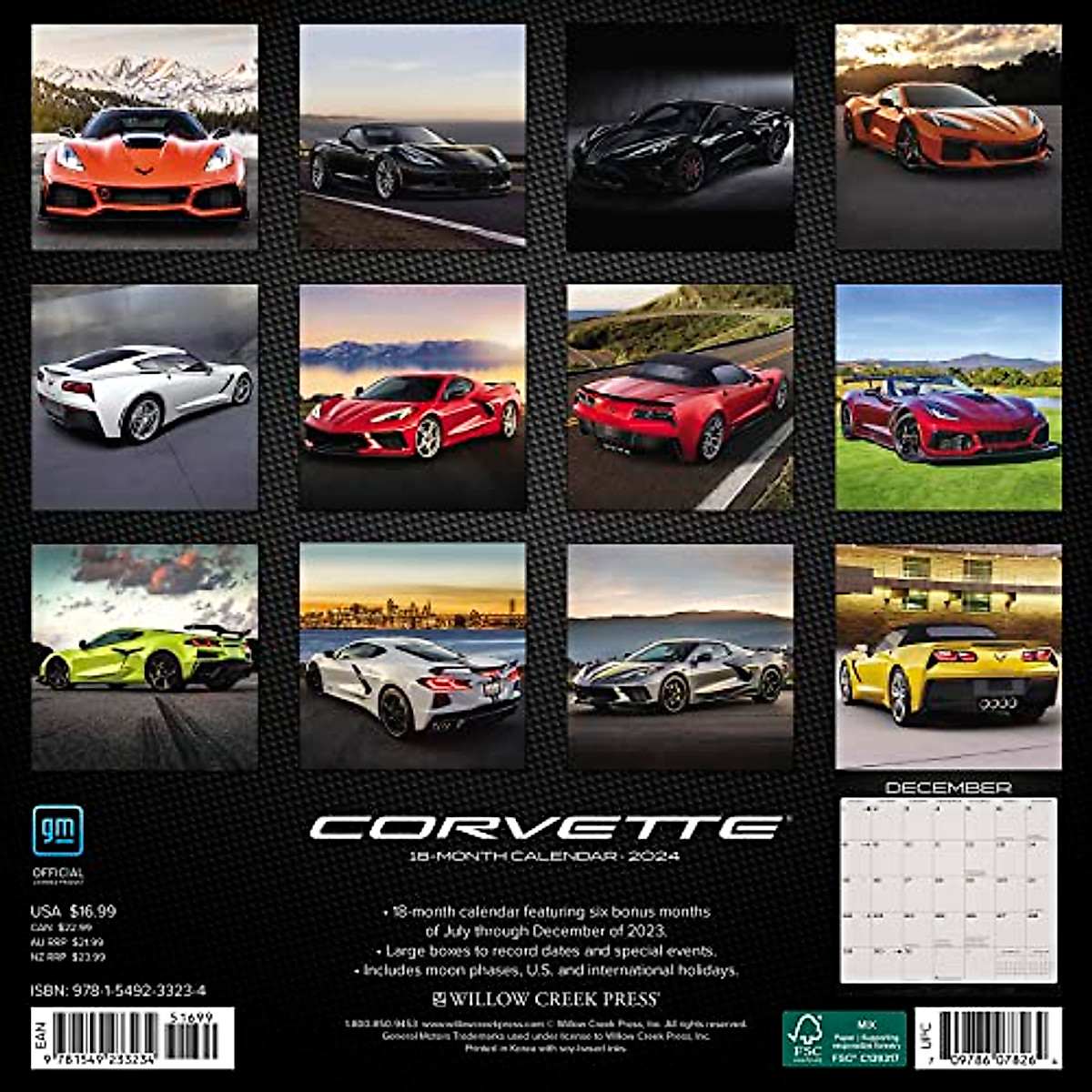 Willow Creek Press Corvette Monthly 2024 Wall Calendar (12" x 12")