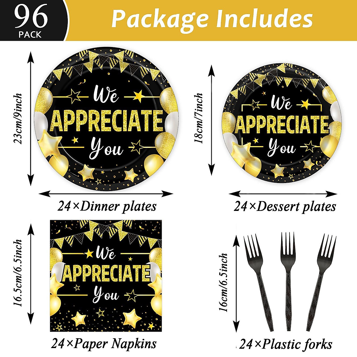 96Pcs We Appreciate You Party Plates and Napkins for Employee Staff Appreciation Black Gold Party Supplies Work Anniversary Themed Plate Thank You Tableware Set for Teacher 24 Guests Party Decorations