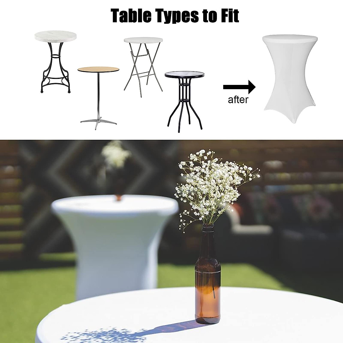 SUNTQ 4 Pack Spandex Table Covers, Cocktail Fitted Tablecloths, Round Highboy Stretch Table Cloths for Party, Wedding, Birthday, Banquet, Vendors,Bistro Table,White,32x43 Height