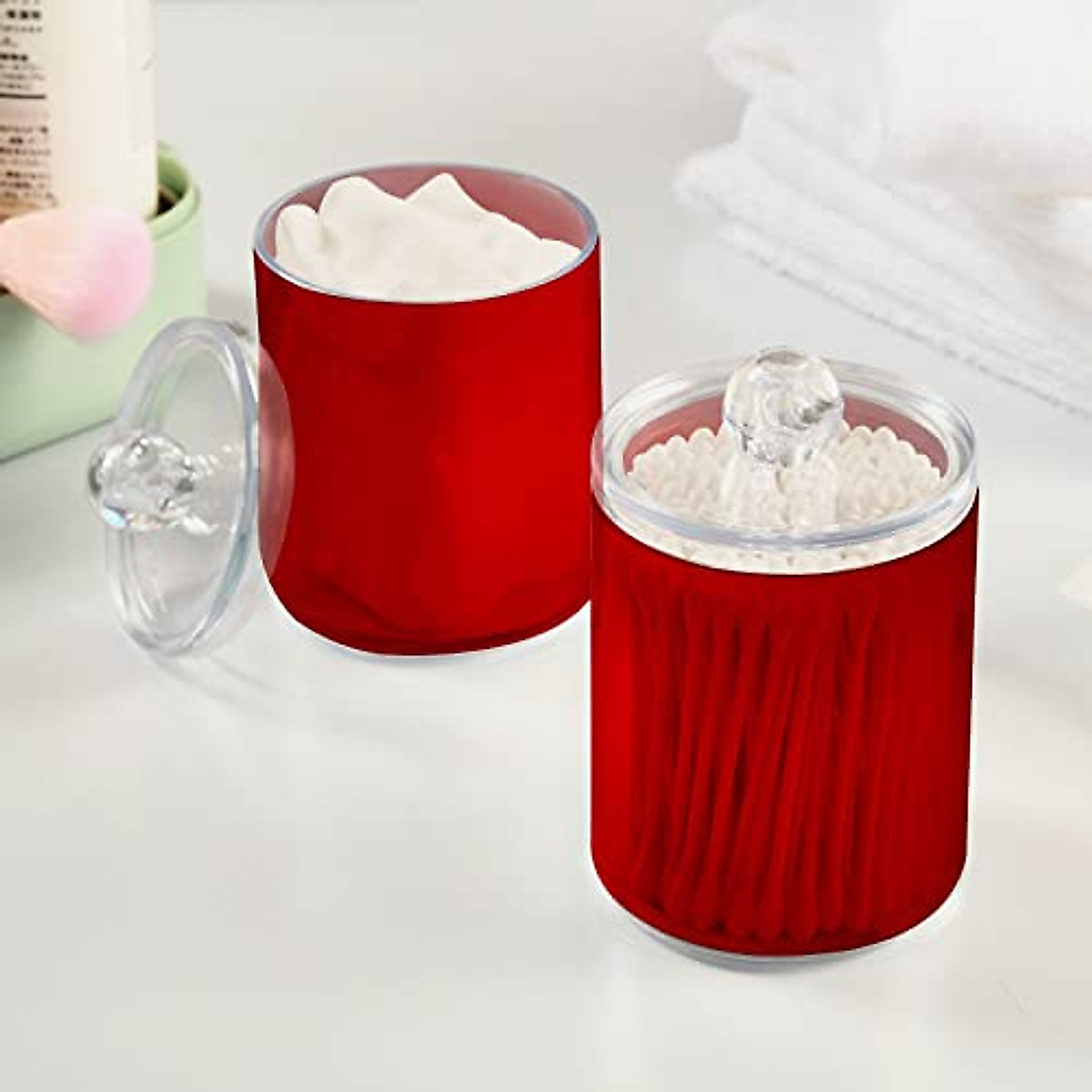 JUMBEAR 2 Pack Red Solid Color Qtip Holder Dispenser with Lid 14 oz Clear Plastic Apothecary Jar Set for Bathroom Vanity Organizers Storage Containers