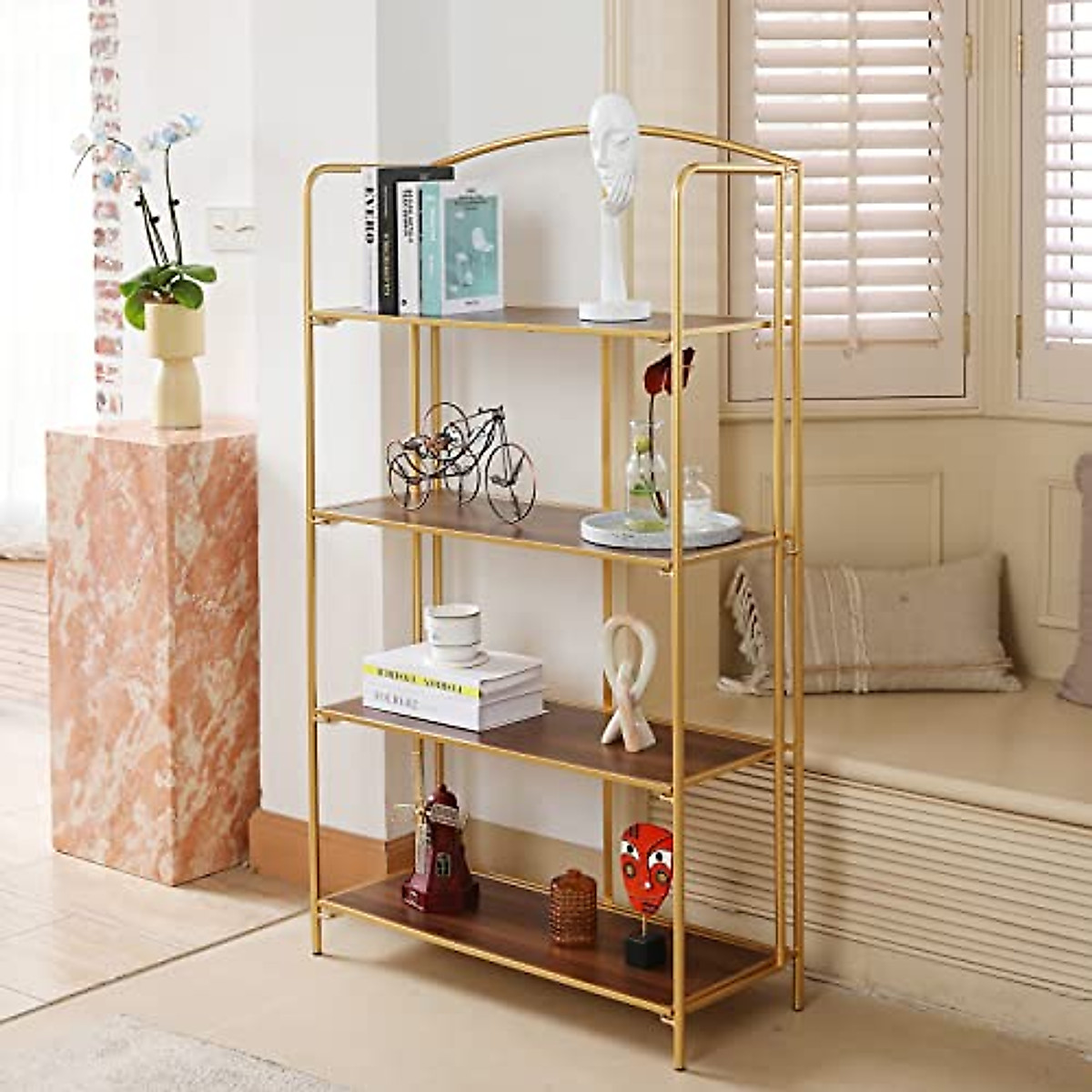Crofy No Assembly Folding Bookshelf, 4 Tier Gold Bookshelf, Metal Book Shelf for Storage, Folding Bookcase for Office Organization and Storage, 12.87 D x 30.9 W x 55.71 H Inches