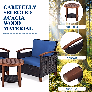 Tangkula 3 Pieces Patio Furniture Set, Outdoor Rattan Sofa and Side Table w/Solid Acacia Wood Frame, High Load Bearing Conversation Bistro Set w/Washable and Removable Cushions (Navy Blue)