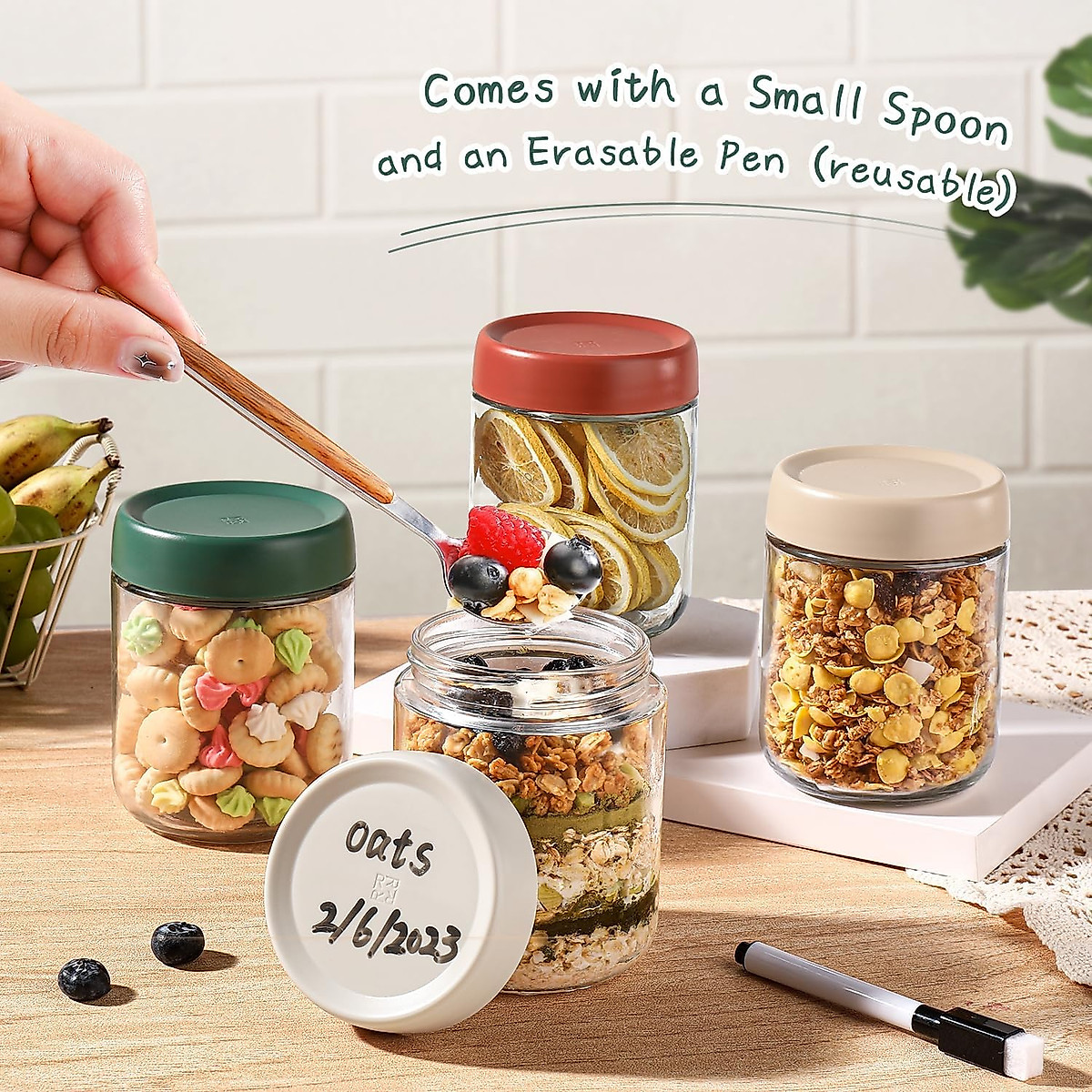 Overnight Oats Containers with Lids,16oz Overnight Oats Jars,4Pack Oatmeal Cups,Meal Prep Containers,Glass Meal Prep Containers with Lids,Glass Jar with Lid for Chia Pudding Yogurt Salad Cereal