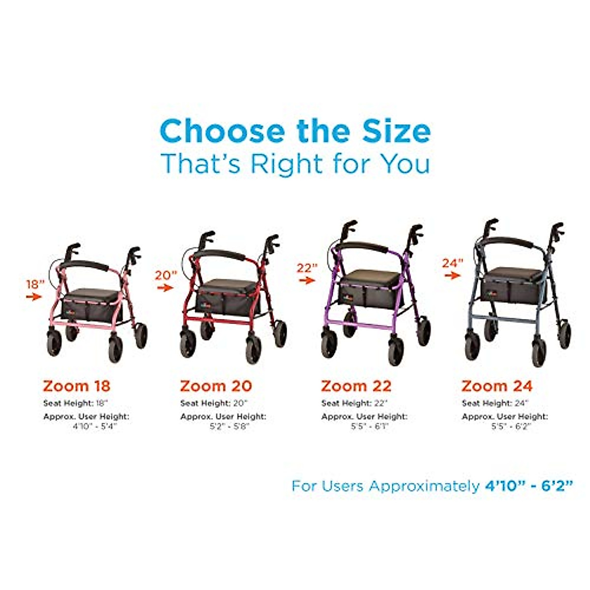 NOVA Zoom Rollator Walker with 22” Seat Height, Rolling Walker with Locking Hand Brakes, Padded Seat and 8” Wheels, Color Red