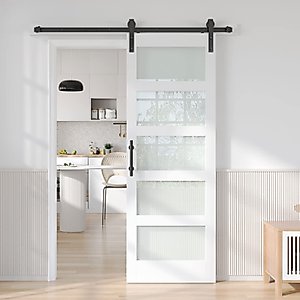 Fredbeck 32in x 84in White Glass Barn Door with 5.5FT 66inch Sliding Door Hardware Kit Included & Handle,PVC Surface,Need to Assembly,Water-Proof,Fit 29in-31in Opening