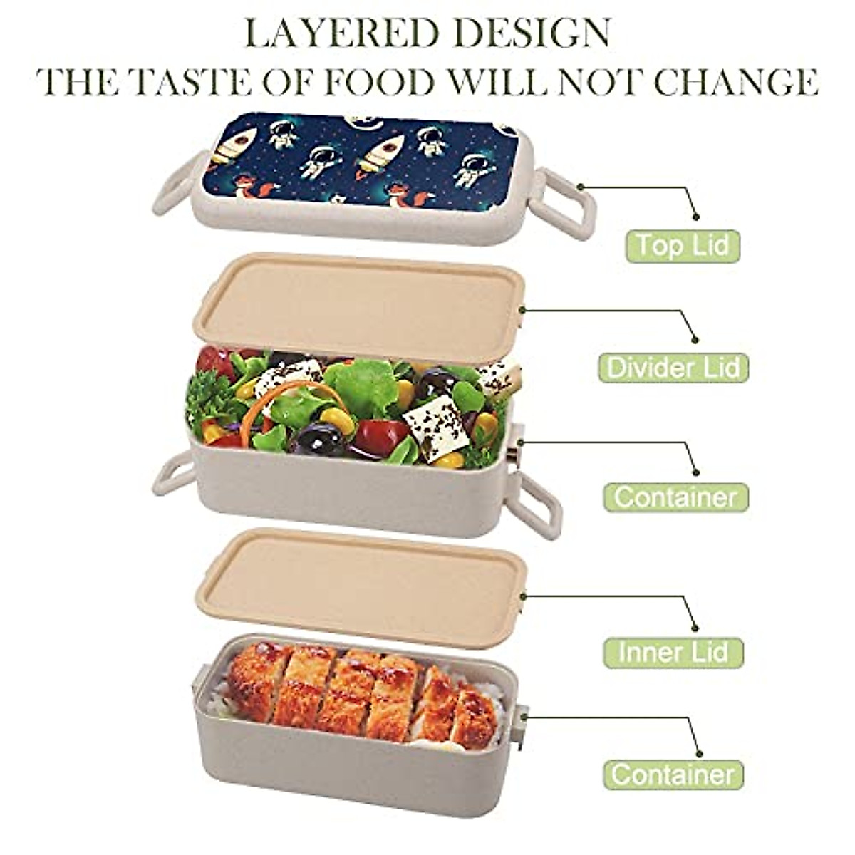 Space Foxes Cats Astronaut Bento Lunch Box 2 Compartment Food Storage Containers With Spoon And Fork