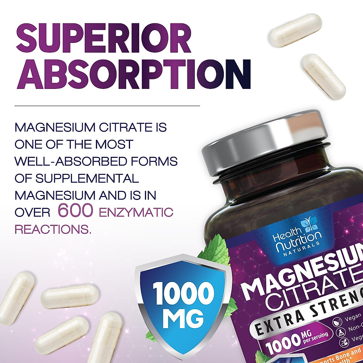 Magnesium Citrate Capsules 1000mg - Max Absorption Magnesium Powder for Muscle, Nerve, Bone and Heart Health Support, High Absorption Citrate Complex, Gluten Free, Non-GMO - 180 Capsules