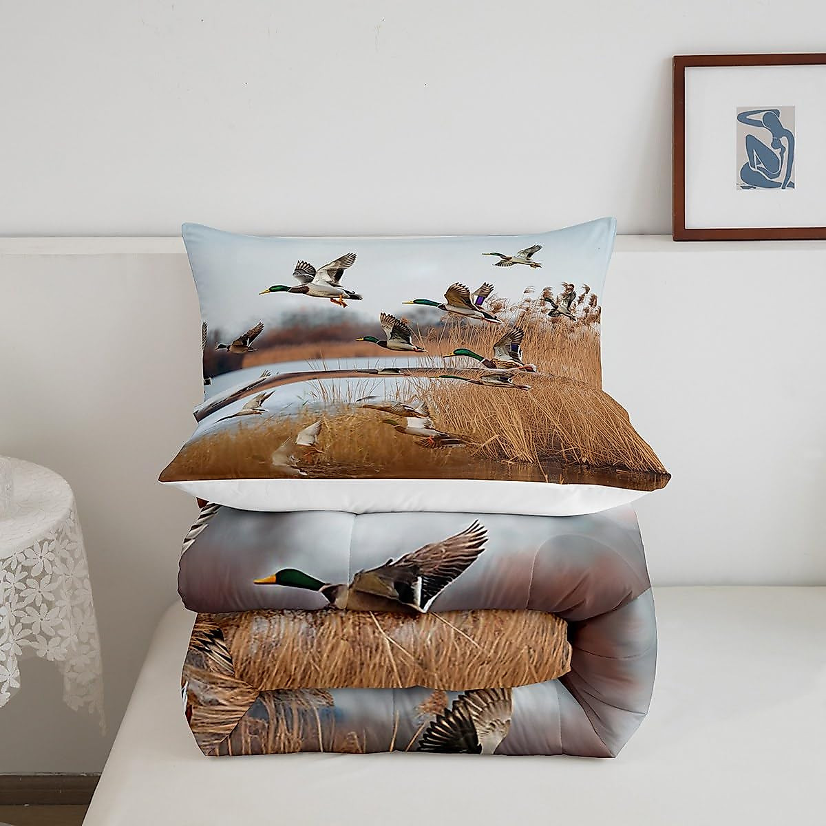 Erosebridal Mallard Duck Duvet Insert Duck Hunting Themed Comforter Set for Kids Teens Adults Mallard Duck Bird Printed Bedding Set Rustic Natural Lake Scenery Quilt with 2 Pillowcases,Queen Size