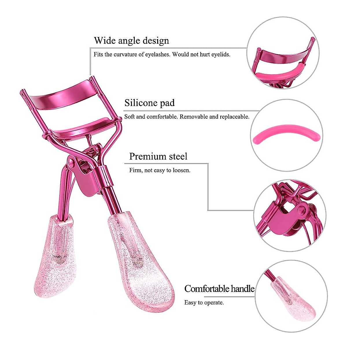Uranian Eyelash Curlers Pink Lash Curler with 2 Silicone Refill Pads Glitter Handle Eye Lashes Curler Eyelashes Tool for Women and Girls (Pink)