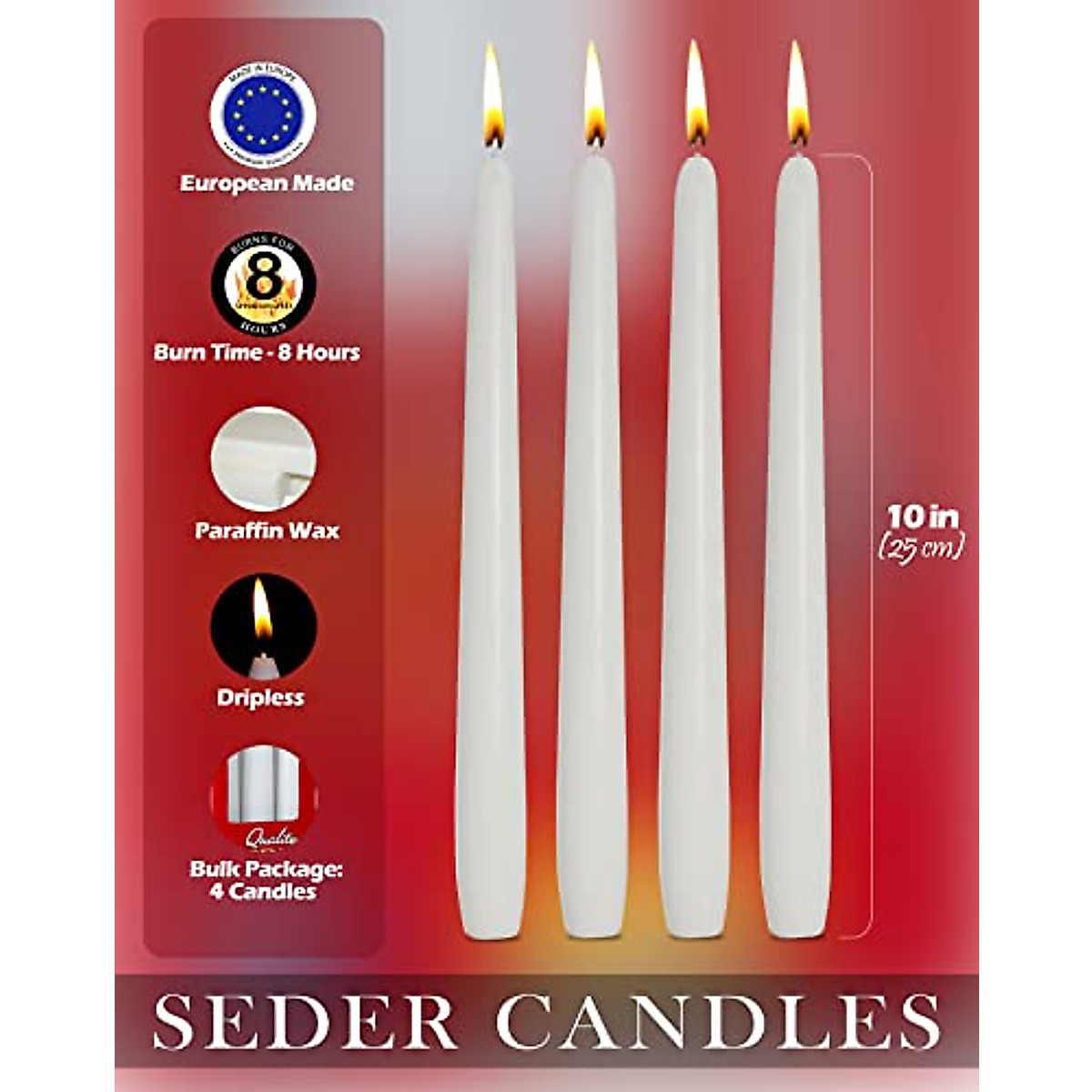 Ner Mitzvah Passover Seder Candles - 8 Hour Burn Time - European Made - Pack of 4 Taper Candles
