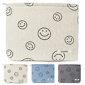 Aucuu Smile Face Cosmetic Bag, Corduroy Large Capacity Makeup Bags for Women, Smile Makeup Bags Travel Toiletry Bag Accessories Organizer