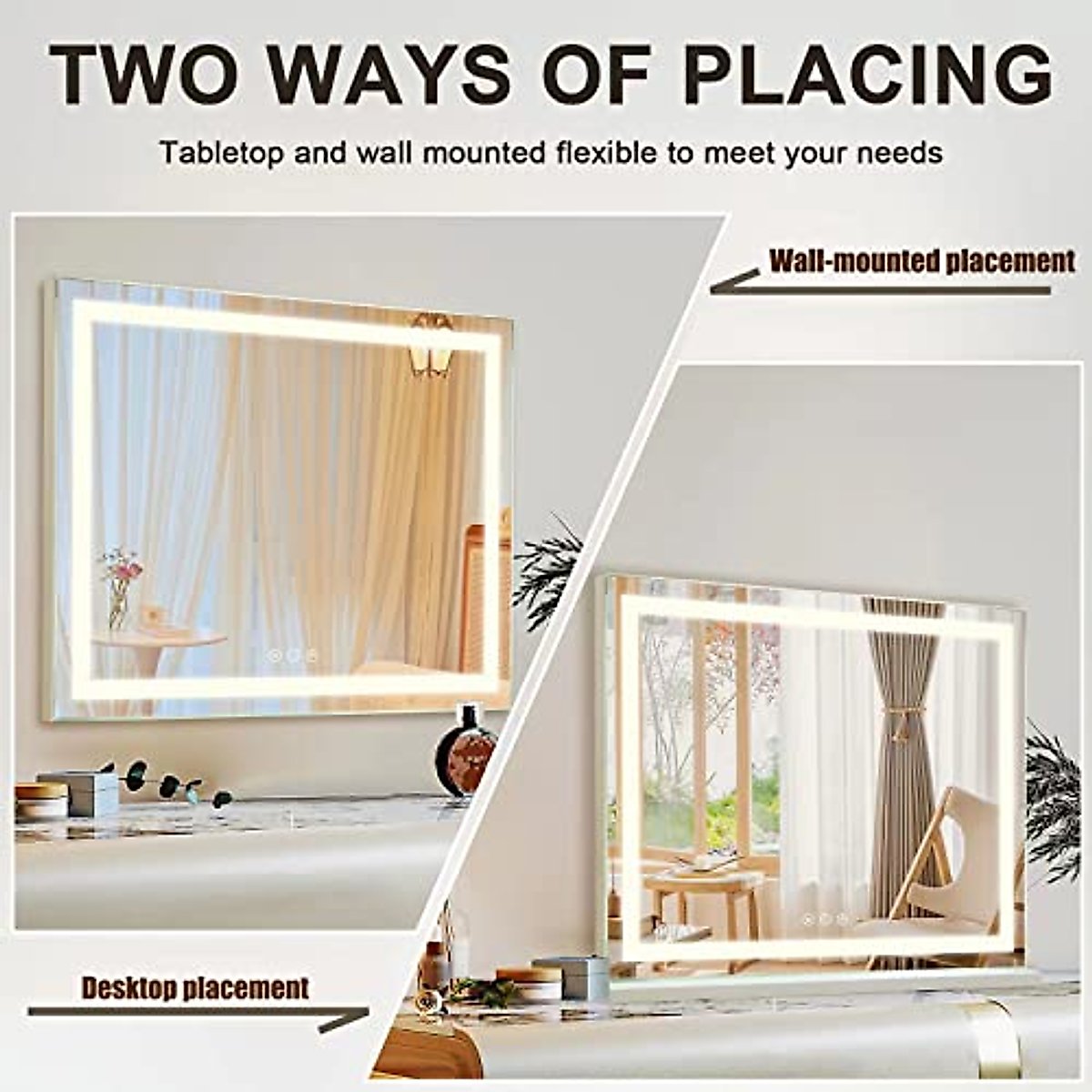 Sucedey Vanity Mirror with Lights, 23" x 18" Makeup Mirror, Hollywood Mirror with 3 Color Modes & Adjustable Brightness, Detachable 10x Magnification and USB Charging Design (White)