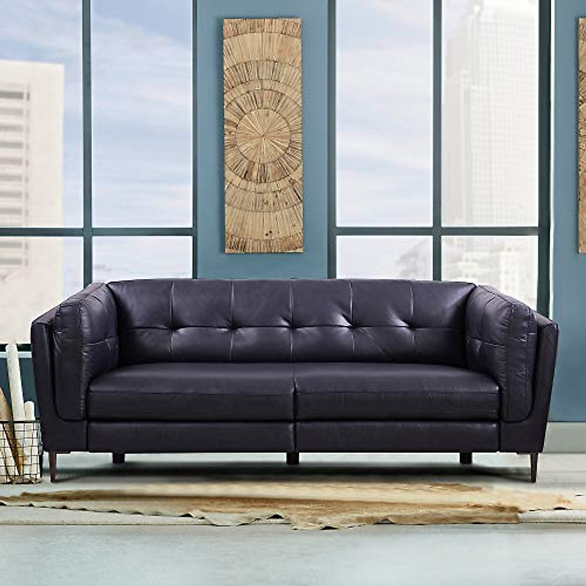 Armen Living Primrose Contemporary Top Grain Leather Power Recliner Living Room Sofa, Navy