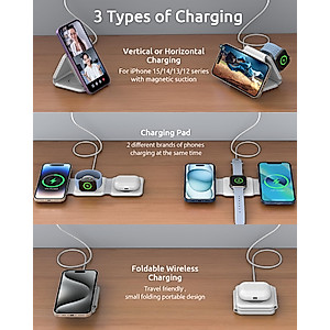 Foldable Wireless Charger, 3 in 1 Wireless Charging Station for iPhone 15/14/13/12/11 Pro Max/X/XS, Fast Magnetic Travel Wireless Charging Pad for AirPods 3/2/Pro Apple Watch