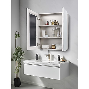 Avidanza Medicine Cabinets with Mirror for Bathroom, 24 Inch Surface Wall Mounted Bathroom Mirror with Storage, Stainless Steel Framed Beveled Mirror, with Double Door and 3 Tier, Grey