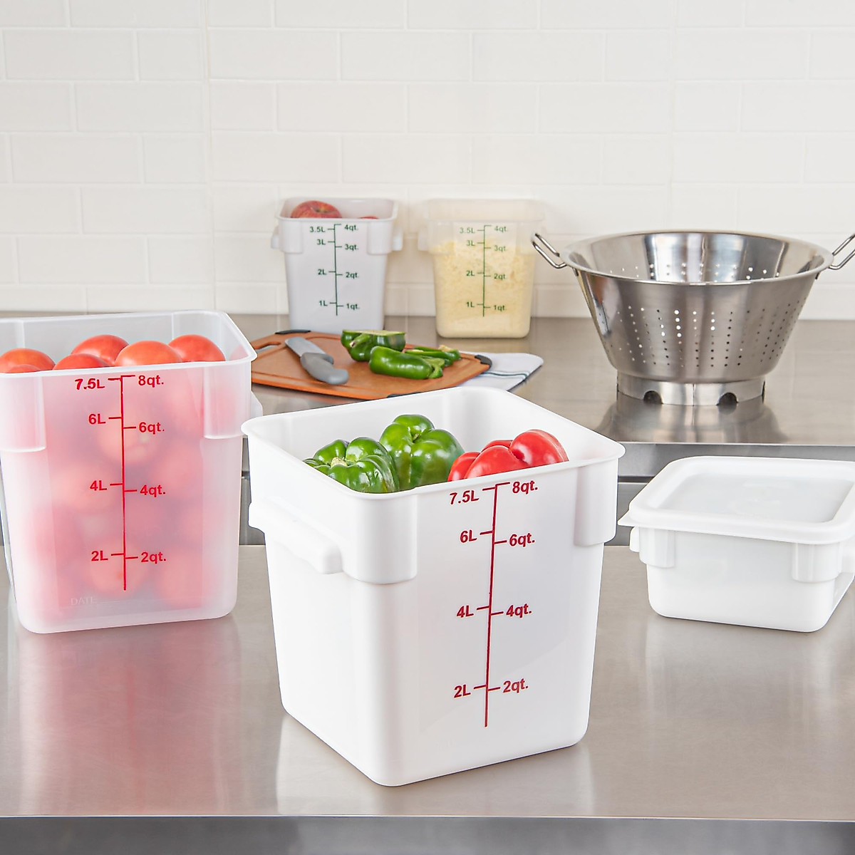 Restaurantware - Met Lux 8 Quart Food Storage Containers, 10 White Storage Containers - Lids Sold Separately, Red Volume Markers, Dishwashable Containers, Side Handles, For Storing Foods