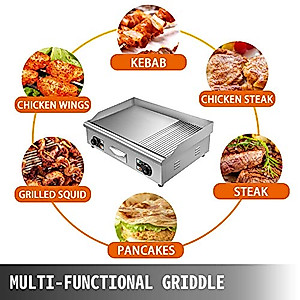 VEVOR 29" Commercial Electric Griddle,Electric Countertop Flat Top Griddle 220V 3000W Half Grooved/Flat,Non-Stick Restaurant Teppanyaki Stainless Steel Grill,Temperature Control 122°F-572°F.
