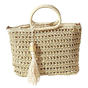 Straw Woven Handbag for Women Lightweight Casual Straw Crossbody Bag Purse Handmade Straw Tote with Tassel