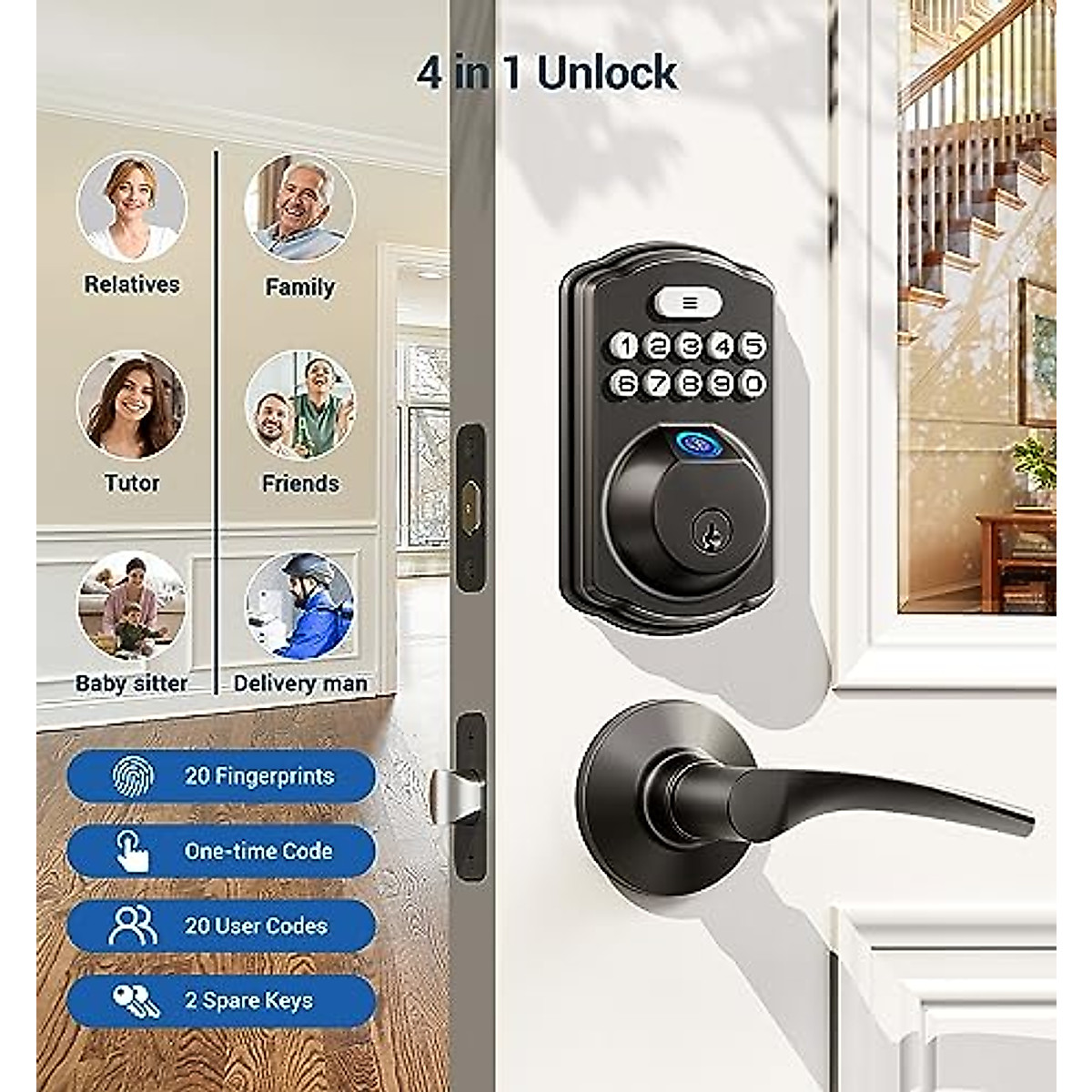 Veise Fingerprint Door Lock with 2 Lever Handles - Keyless Entry Door Lock, Electronic Keypad Deadbolt & Front Door Lock Handle Sets, Auto Lock & 1 Touch Locking, Easy Installation, Matte Black