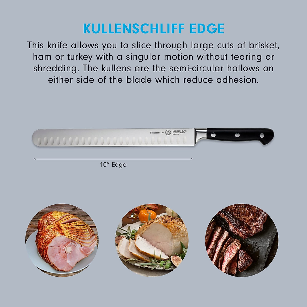 Messermeister Meridian Elite 10” Round-Tip Kullenschliff Slicer Knife - Fine German Steel Alloy Blade - Rust Resistant & Easy to Maintain