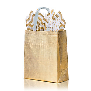 Offizon 6 Pack Medium Golden Grocery Bags, 8x4x10 Inches Reusable Gift Bags with Gold Tissue Paper, Water-proof Shopping Bags, Foldable Bags for Celebrations and Weddings (20x10x25cm)