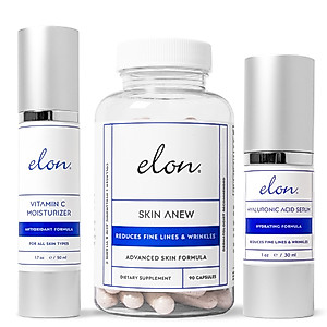 Elon Face Skin Care Set – Skin Care Kit w/ Antioxidant C Moisturizer for Face, Skin Anew Hydrolyzed Collagen Capsules, & Hyaluronic Acid Serum for Face – Skin Care Products for All Skin Types
