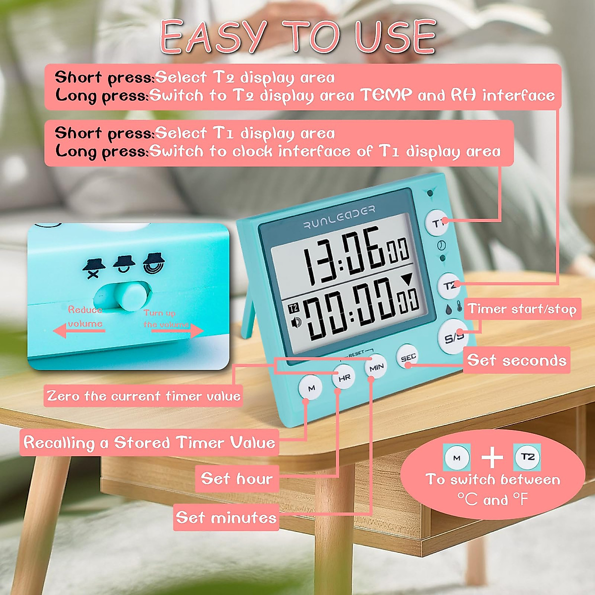 Jayron KT002A 2-Channel Kitchen Timer Magnetic Countdown Timer Clock Temperature and Humidity Meter Digital Minute/Second Timer Desk Clock for Elderly Kids（Blue）