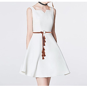 2 Pack Women Girls PU Leather Waist Belt Chain Skinny Rope with Double Tassel for Dress Skirt (1pc Black+1pc Camel)