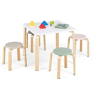 INFANS Kids Wooden Table and Stool Set, 5-Piece Activity Table with 4 Stools for Toddler Building Block Drawing Reading Art Crafts, Children Natural Furniture Set for Kindergarten Classroom