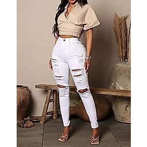 LONGBIDA Skinny Ripped Jeans for Women High Waisted Stretch Butt Lifting Jeans Slim Fit Distressed Denim Pants Pull On Jeggings Jeans(White,XXL)