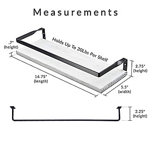 Peter's Goods Rustic Floating Wall Shelves with Rails - Decorative Storage for Bedroom, Bathroom, and Kitchen - Elegant, Modern Shelving - Rustic White Pine Wood, Charcoal Metal Frame - Set of 2