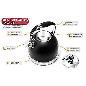 Tea Kettle - HIHUOS 3.17QT Whistling Tea Pots for Stove Top - Sleek 18/8 Stainless Steel Stovetop Kettle, Easy-grip Handle With Trigger Opening Mechanism, 1 Free Silicone Pinch Mitt Included (Black)