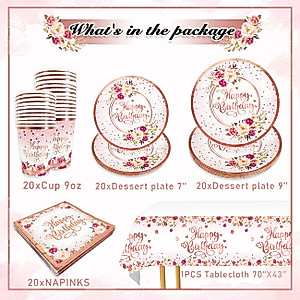 Haimimall 110 Pcs Boho Birthday Party Decorations Backdrop Pink Rose Gold Floral Balloons Happy Birthday Banner Tableware Set Include Plates Cups Cake Topper and Tablecloth for Baby Shower Girl Women