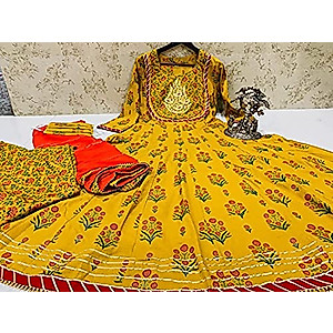 MAHICH WOMEN'S Cotton Anarkali Hand Block Printed Kurti with Pant and Duptta Set_Yellow (XL), X-Large