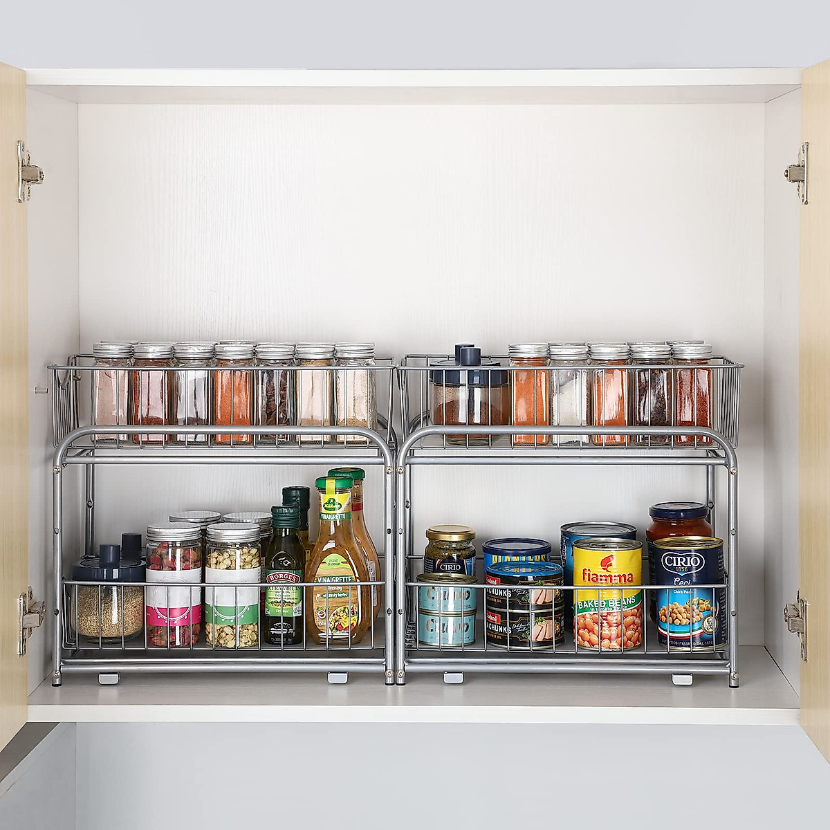 MOOACE 2 Pack Stackable 2-Tier Under Sink Cabinet Organizer with Sliding Storage Drawer, Sliding Basket Organizer for Kitchen, Bathroom, Pantry, Cabinet, Silver