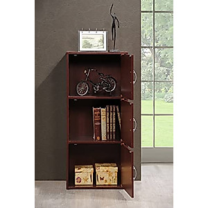 HODEDAH 3 Door Bookcase Cabinet, Mahogany