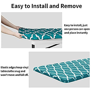 Easy-Going 100% Waterproof Picnic Outdoor Tablecloth with Bench Covers Fit 6 Foot Rectangle Table, 3-Piece Set Camping Table Cover with Seat Covers (30x72 in, Moroccan/Teal & White)
