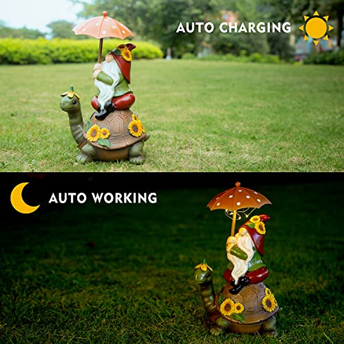 Seegarden Garden Statue Gnome Cute - Large Outdoor Gnome Statue Sculptures with Solar Lights, Resin Gnome Figurine Sitting on Turtle with Umbrella for Home Patio Yard Lawn Porch Decorations …