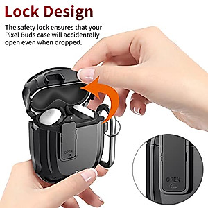 JAKPAK Compatible with Google Pixel Buds 2 Case Cover [Front LED Visible] Shockproof Protective Case with Keychain Secure Lock Design Hard PC Case Cover for Pixel Buds 2 2020 Black