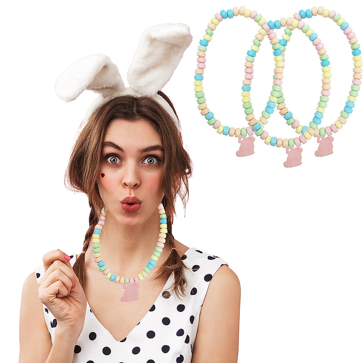 Fruidles Easter Bunny Candy Necklace, Multicolor Fruit-Flavored Chewables for Party Favors (12-Pack)