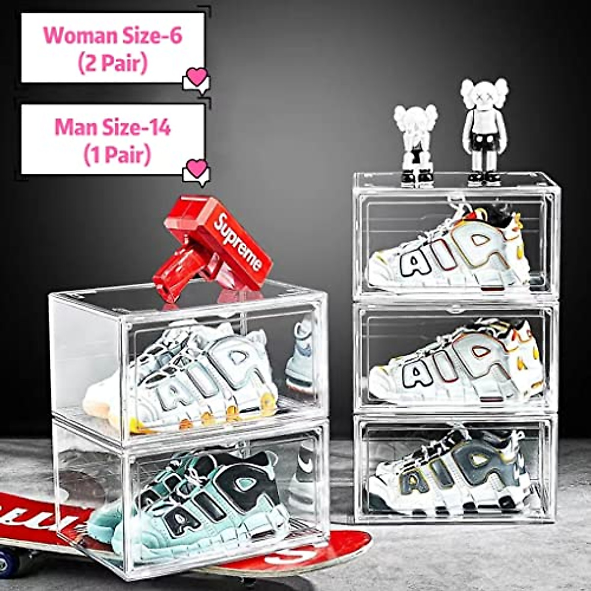 Three Piece Clear Shoe Box 360° Acrylic Clear Shoe Box Handbag Storage Display Box Stackable Shoe Box Drop Front Shoe Box Magnetic Door Organizer 14.37 * 7.87 * 10.63 inches for US size 14